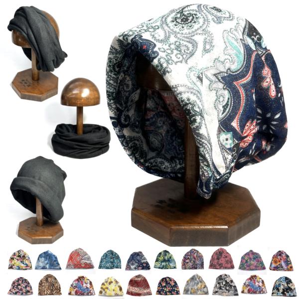 柔らかい生地感と柄が特徴的なワッチです。 ワッチだけでなくターバンやネックウォーマーとしてもお使い頂ける実質３WAYで自由自在の帽子。頭の天辺が開くように縫製が工夫されており一度使うとヤミツキになる被り心地です。ギャザーや折り返しを作ると柄...