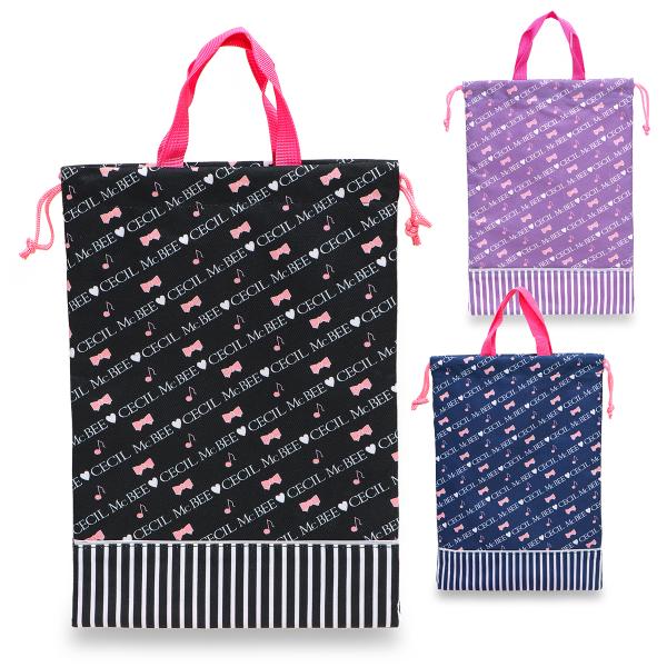 セシルマクビー シューズバッグ シューズケース 巾着 キッズ 子供 園児 小学生 通園 通学 女子 ガールズ/シューズケース■カラーブラック ネイビー パープル■サイズ   W約25cm×H約35.5cm重さ：約70g ■素材　　