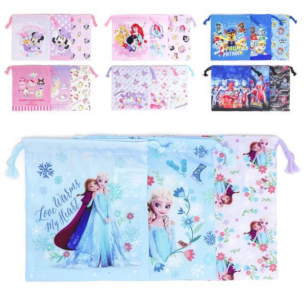 巾着 3枚セット コップ入れ  小物入れ キッズ 子供 園児 キャラクター サンリオ ディズニー アナ雪 ミニーマウス シナモロール マイメロディ クロミ ウルトラマン■カラー129786-ミニ―＆デイジー 138252-サンリオキャラクタ...