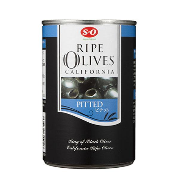 カリフォルニア産の種抜きライプオリーブ。黒褐色でライプオリーブ特有のナッツのような香ばしさとサクサクとした歯応えが特徴です。内容量：４１５ｇ（４号缶）【普通便】