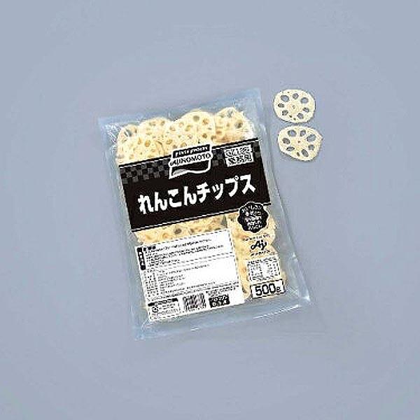 形状よくスライスしたれんこんに、塩味の薄衣をつけた、見ためもきれいなれんこんのチップスです。凍ったままの商品を１７０〜１８０℃の油温で約３分揚げてください。内容量：５００ｇ【冷凍】