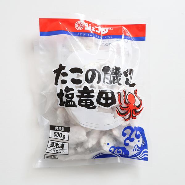 新鮮なたこを工場にて素早く処理し竜田粉を付けて加工しました。鮮度の良い岩だこ原料を使用し、塩味の竜田粉にアオサを入れ竜田に仕上げました。要油調【内容量：５００ｇ／冷凍便】