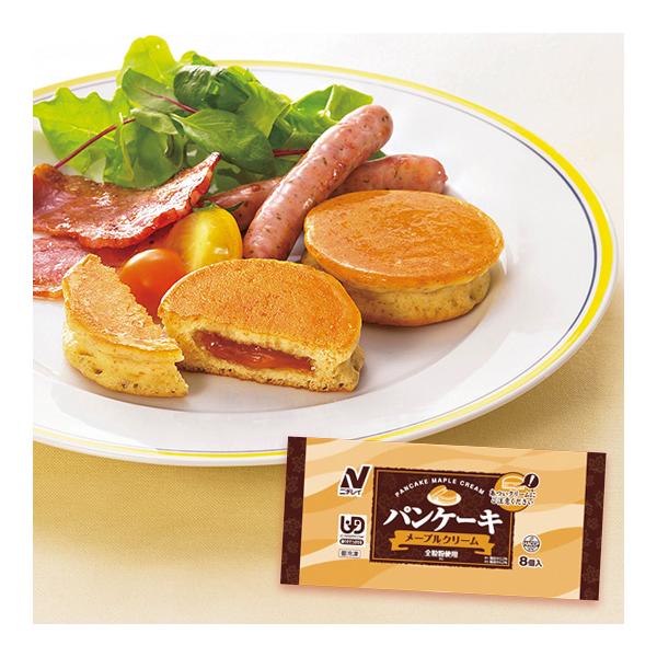 全粒粉を使用した生地にメープルクリームを入れ、焼き上げました。表面にはバターを塗っており、自然解凍もしくは電子レンジ調理後そのまま、お召しあがりいただけます。朝食メニューやデザートメニューにぴったりのパンケーキです。※全粒粉：製品中４％／メ...