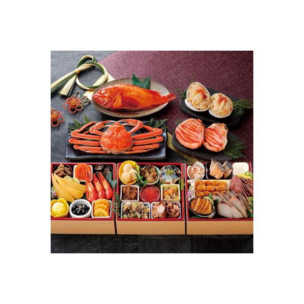◆商品内容おせち 北海道プレミアムおせち 3段重＋別添 全27品目1：たたきごぼう2：ローズサーモン3：にしん昆布巻4：味付数の子5：ボイル北海しまえび6：インカのめざめ金団7：黒豆8：伊達巻9：ソフトほたて貝柱10：かきの佃煮11：春にし...