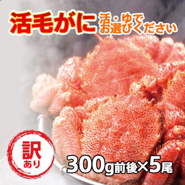 【商品内容】訳あり活毛蟹【内容量】300g前後×5尾【配送方法】冷蔵でのお届けとなります。【同梱発送について】同梱可【産　地】北海道【賞味期限活状態では1日、茹でた状態では2日が目安です。生物ですのでできるだけお早めにお召し上がりください。...