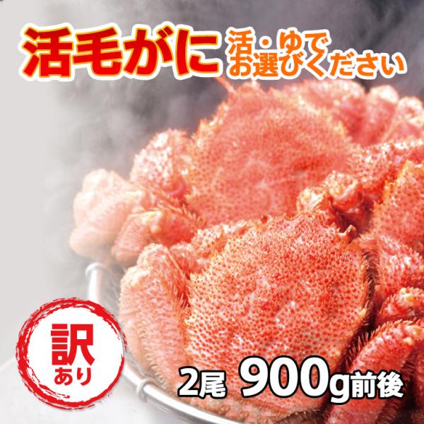【商品内容】訳あり活毛蟹【内容量】2尾（計900g前後）【配送方法】冷蔵でのお届けとなります。【同梱発送について】同梱可【産　地】北海道【賞味期限活状態では1日、茹でた状態では2日が目安です。生物ですのでできるだけお早めにお召し上がりくださ...