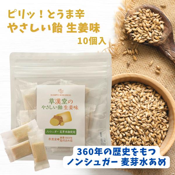 ＼身体にやさしい飴　生姜味／●1袋10個入り、個包装●ノンシュガー、人工甘味料も不使用●昔ながらの麦芽水飴の自然の甘味●着色料・防腐剤等も不使用●350年の歴史を持つ島川あめ店とのコラボ品魅力が満載のキャラメルのような食感が特徴の飴です！※...