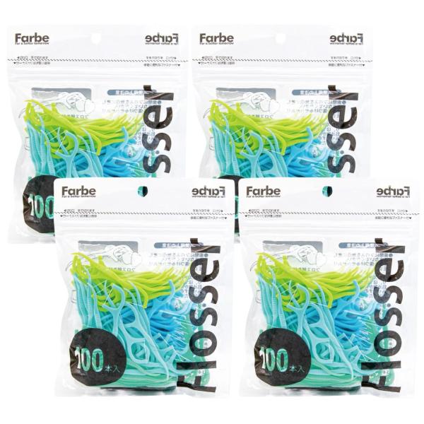 デンタルフロス ファルベフロッサー オカムラ Farbe Flosser ブルー 1袋 100本入 ×4セットシンプルで使いやすい、大容量100本入りのフロスピック！糸は防弾チョッキにも使用されるUHMWPE（超高分子量ポリエチレン）といわ...