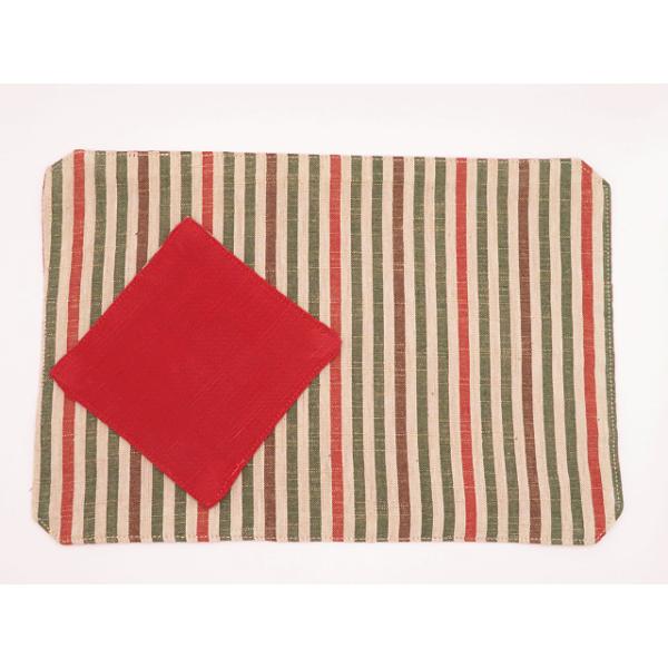 福島市の女性のグループ「和雑貨工房　からはな」の商品。18センチ×13.5センチのティーマットと角コースターのセット。角コースターは10センチ角。会津木綿のカラフルな縞模様生地と無地を縫合わせており、リバーシブルでお使いいただけます。１セッ...