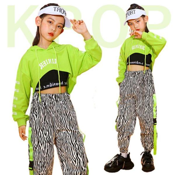 キッズ ダンス 衣装 へそ出し ス 長袖 緑 ス ゼブラ柄 迷彩パンツ セットアップ 長ズボン ヒップホップ キッズ 韓国 女の子 子供 柄パンツ グリーン ス HIPHOP ステージ衣装 体育祭 応援団 チアガール ガールズ 発表会 文化...