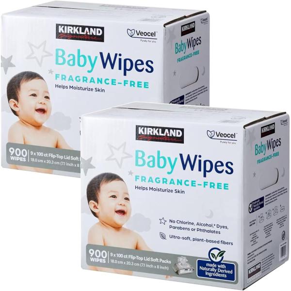 ・内容量：900枚×2箱（100枚×9パック×2）合計1800枚・サイズ：約18×20cm（大判厚手タイプ）・ブランド：KIRKLAND × TENCEL（テンセル）・タイプ：無香料・ノンアルコール・ビタミンE配合・超ソフト・用途：赤ちゃん...