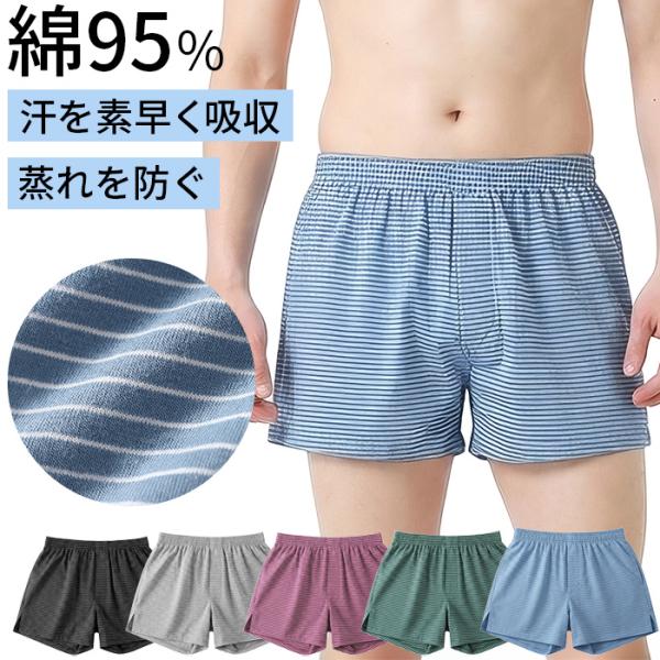 ・蒸れずに快適！綿95%メンズボーダー柄トランクス・吸放湿性に優れた綿95％素材で一日中サラサラ・裾の両サイドスリットが足さばきの良さを実現・幅広のウエストゴムを共生地で包み込み快適に・ゴムの締め付けやチクチク感を抑えたストレスフリー設計・...