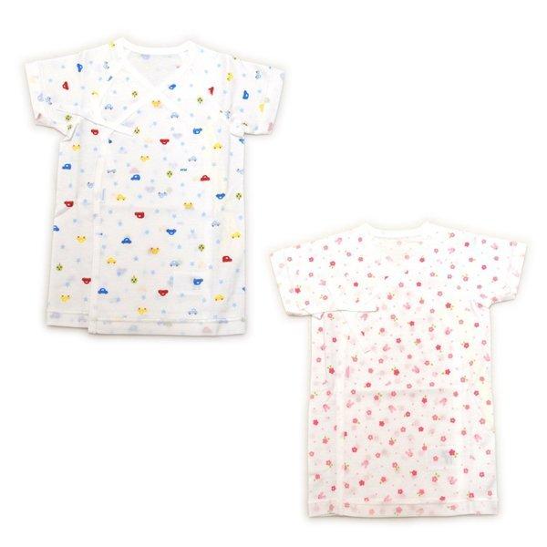 QUALITY：綿100％ 日本製天竺　さらっとさわたか薄手で平編み地。通気性に優れ、サラッと涼しい軽い肌触りが特徴。カラフルな車とキュートなお花柄の爽やかな天竺素材の短肌着です。やわらかくぬくもりのある風合いで、吸水性・耐久性に優れた天然...