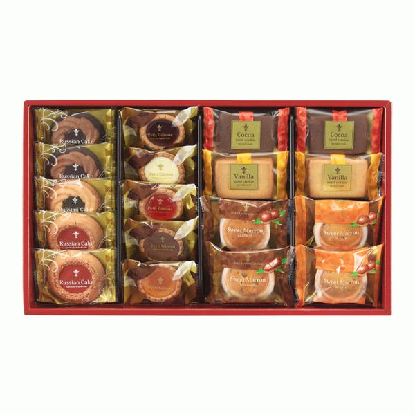 ロシアケーキ、プチガトー、サンドクッキー、スイートマロンの詰め合わせです。大切な方への贈り物、また、ご自宅用にも最適です。【 中山製菓 CSS-20 】［内　容］ロシアケーキ 5個：マカロンストロベリーx2、フラワーキウイ、リッチビターx2...