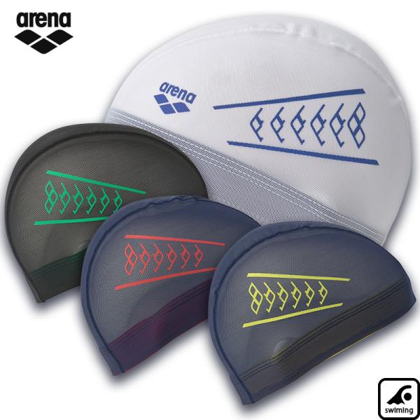 定番のarenaチームラインをポイントとしたメッシュ素材のスイムキャップ。裏のゴム部分をあえて配色にすることで、様々な見え方ができるデザインを実現。公式大会招集所持ち込み可カラーNVYL（ネイビー×イエロー）WHBL（ホワイト×ブルー）NV...