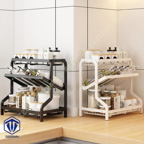 サイズ：L=37*20*35.5cm 画像にサイズの説明もある。調味料ラック 調味料 収納 スパイスラック キッチンラック キッチン 3段式 2段 台所収納ラック 調味料棚 大容量 シンク下収納 スライドラック キャビネット/醤油/酢瓶/調...