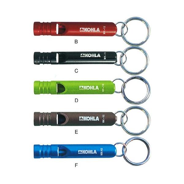 MK12ホイッスルキーリング付の小型警笛●サイズ／タテ長52mm、直径9mm●カラー／Bレッド、Cブラック、Dグリーン、Eチタングレー、Fライトブルー