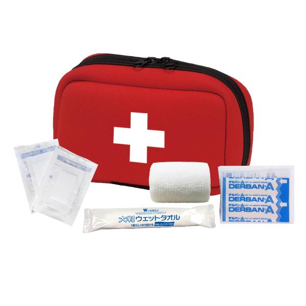 ●サイズ：約120×170×75mm●重量：約120g（セット内容含む）●材質：合成ゴム●セット内容：傷あてパッド×2枚、救急バンソウコウ×5枚、大判ウエットタオル、デルガードくっつく伸縮包帯