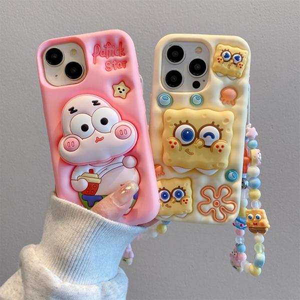 ストラップ付き  iphone 16 用 ケース スポンジ・ボブ 可愛い 立体 耐衝撃 iphone16  キャラクター スマホケース 対応 iPhone 16 スタンド機能付き  シリコン 対応電話モデル:iPhone 11, iPhon...