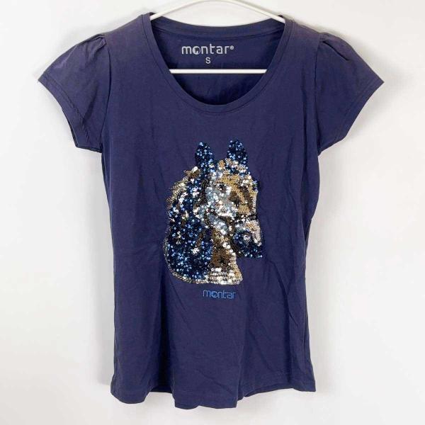 [ブランド] MONTAR モンター[タイプ] スパンコール 半袖 ストレッチ Tシャツ[表記サイズ] S[対象] レディース[カラー] ネイビー[身幅] 約40cm[着丈] 約60cm[状態] 使用感があり、両肩にヤケたような色褪せがみら...