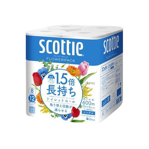 ★商品合計金額3000円(税込)以上送料無料★８ロールで１２ロール分の長さの長尺トイレットロール！たっぷり使えて取替えの手間を軽減し、省スペース化で保管もスッキリ。くつろぐ花の香りつき。シングル、７５ｍ。●ロール寸法／幅１０８ｍｍ×直径１１...