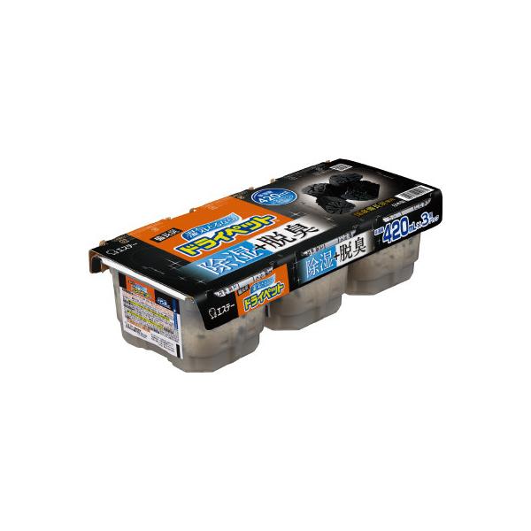 ★商品合計金額3000円(税込)以上送料無料★除湿剤に備長炭と活性炭を配合しているので、湿気と気になるニオイを脱臭します。●寸法／１１９×７５×９２ｍｍ（１個）、１２０×７７×２７７ｍｍ（１パック）●内容量／４２０ｍｌ×３●標準吸湿量（１個...