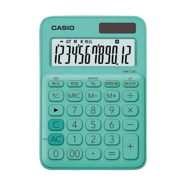 ★商品合計金額3000円(税込)以上送料無料★キュートなカラーがとってもかわいい！カジュアルな１２桁電卓！時間計算機能もついています！●カラー／ミントグリーン●質量／約１１０ｇ（電池含む）●サイズ／Ｓ●寸法／幅１０５×奥行１４９．５×厚さ２...