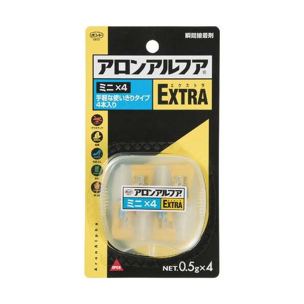 ★商品合計金額3000円(税込)以上送料無料★滅多に使わないなら使いきりタイプがおすすめ。便利な使いきり４本パック。●種別／ＥＸＴＲＡミニ×４●容量／０．５ｇ×４本●成分／シアノアクリレート系●液色／透明●対応素材／合成ゴム、硬質プラスチッ...