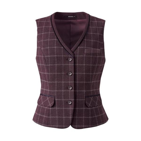 ★商品合計金額3000円(税込)以上送料無料★ホワイトの格子柄が清楚なベスト。ゴールドのボタンもアクセントに。●サイズ／１１号●カラー／ボルドー●素材／ポリエステル６０％・毛４０％●寸法（ｃｍ）／バスト９３・肩幅３５・着丈５３●仕様／左胸箱...