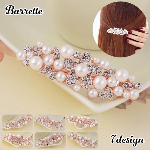 フェイクパールやがおしゃれなレディース用バレッタ。ラインストーンもついてキラキラ華やか♪デイリーはもちろん、パーティーやフォーマルシーンにも◎【サイズについて】画像をご参照ください。【素材について】合金【カラーについて】生産ロットにより柄の...