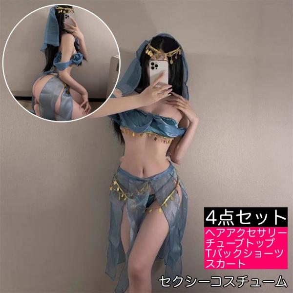 アラビアン風4点セット！セクシーなデザインのコスチュームです。【サイズについて】ワンサイズ(Mサイズ相当)【素材について】ポリエステル【カラーについて】生産ロットにより柄の出方や色の濃淡が異なる場合がございます。お使いのモニターや撮影時の光...