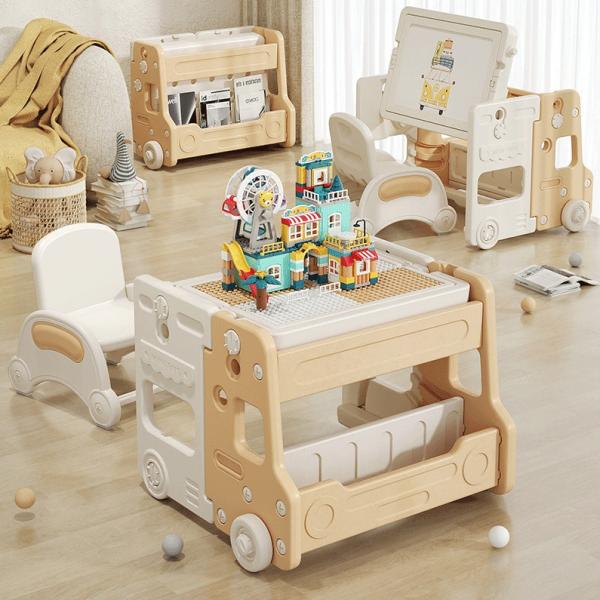 梱包サイズ：50*50*20cm重量：11kg【お子さまに寄り添う多機能デスクセット】このデスクセットは、お子さまにとって最高の遊び仲間になる多機能設計。絵描き＆ブロック両用のテーブル板は、回転することで形状が変わり、ブロック板、絵描き板、...