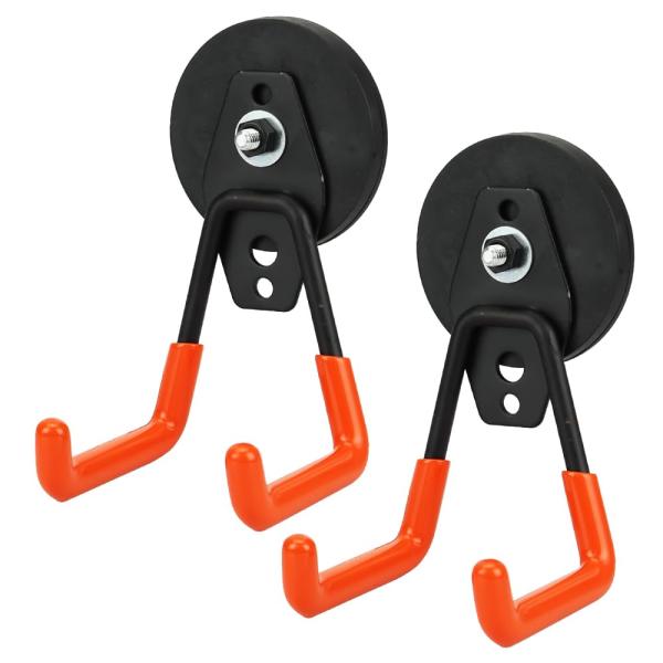 強力なマグネットが内蔵していることで磁石対応面にピタッと貼り付けられるダブルフックです。倉庫やガレージ内の壁・スチール棚・ロッカー・冷蔵庫など様々な場所でお使いいただけます。　　マグネット式により壁に穴を開けずに設置可能なので使用箇所を問い...