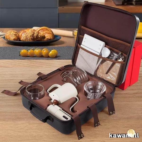 アウトドア 手挽き コーヒーミル ハンドドリップ コーヒーセット 8点セット 持ち運び  シェアポット ギフトボックスセット コンパクト キャンプ 家庭用 収納コーヒー愛好家やアウトドア好きの方にぴったりの、高品質でスタイリッシュなハンドド...