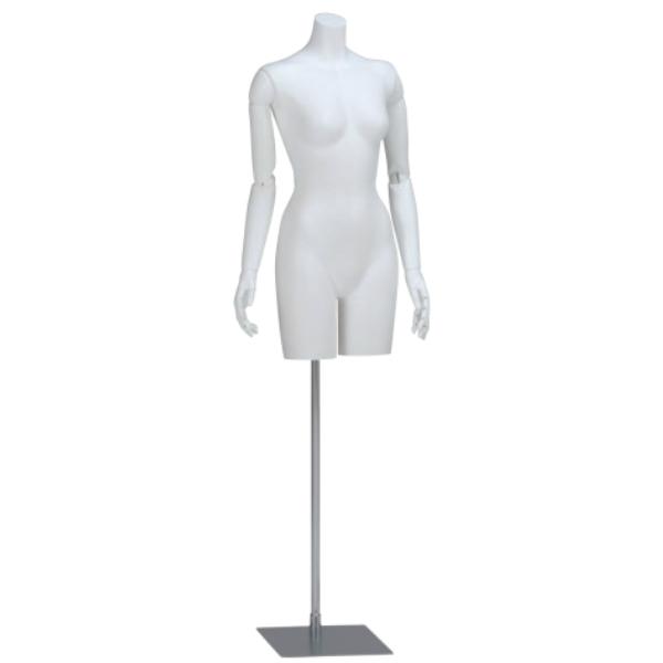 サイズ：9号/B：82　W：60　H：85　肩幅：40cm　ボディ丈：84cm本体：ポリプロピレン製　白艶消塗装ベース：28×38cm　スチール製　ヘアライン仕上パイプ：スチール製　メッキ仕上腕：ホワイトアーム　指先・関節部分可動タイプ日本...