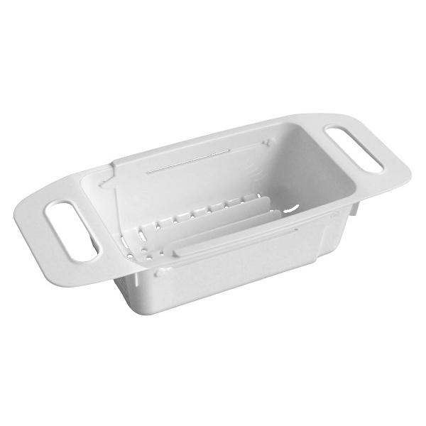 水切りバスケットです。シンクの幅に合わせて伸縮できる水切りバスケットです。皿立て付きです。●サイズ(約)・148×350~470×85mm●耐荷重(約)・1.5kg●色・ホワイト●耐熱100度●原料樹脂・ポリプロピレン樹脂●用途・水切り カ...