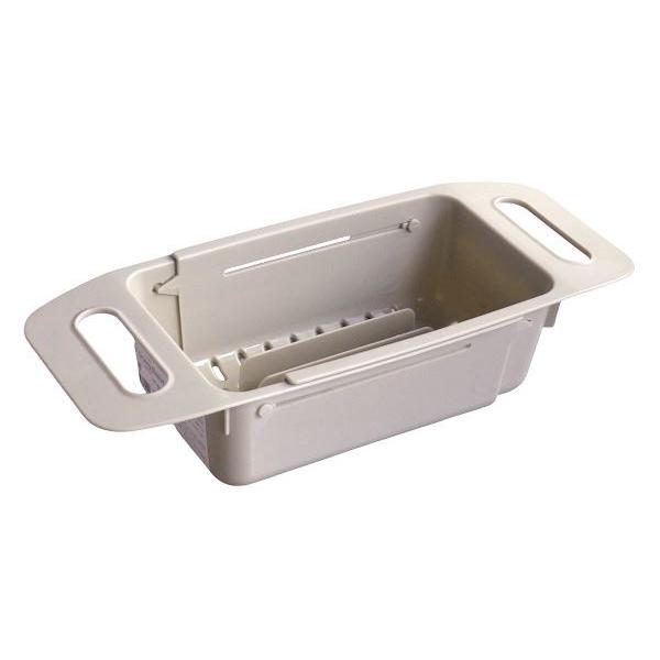 水切りバスケットです。シンクの幅に合わせて伸縮できる水切りバスケットです。皿立て付きです。●サイズ(約)・148×350~470×85mm●耐荷重(約)・1.5kg●色・ベージュ●耐熱100度●原料樹脂・ポリプロピレン樹脂●用途・水切り カ...