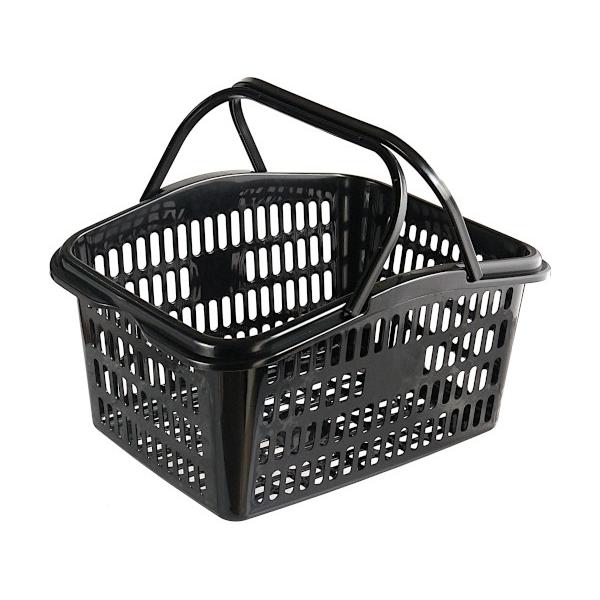 〇バスケットです。持ち手が付いており、持ち運ぶのにも便利です。日用品やおもちゃ、小物を収納できます。●外寸（約）・３６０×２７５×高さ１８５ｍｍ（持ち手含む）　●内寸（約）・２７０×１９５×深さ１７８ｍｍ●色・ブラック●原料樹脂・ポリプロピ...