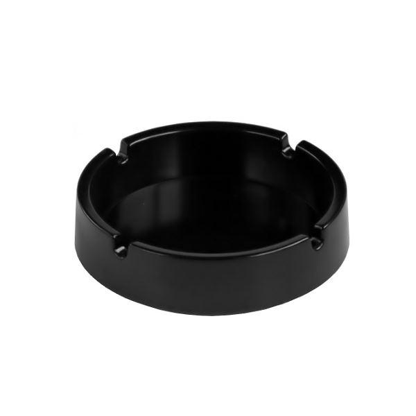 灰皿です。丸型のシンプルな灰皿です。熱や衝撃に強く汚れの落としやすい素材です。四ヶ所にくぼみがあり、火のついたタバコを置いておくことができます。●サイズ(約)・直径105×高さ25mm●色・黒●耐熱140度●原料・メラミン樹脂 ベークライト...