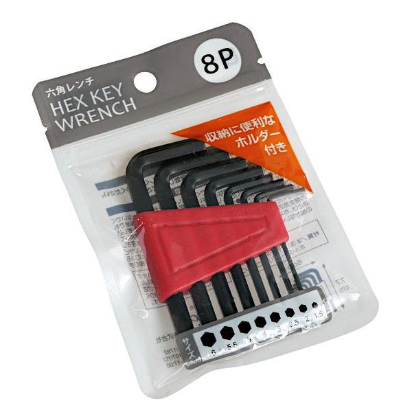 六角レンチ、8本入りです。セット内容は6/5.5/5/4/3/2.5/2/1.5mmです。 収納に便利なホルダー付きです。※六角穴付ボルトの寸法に合ったレンチを使用してください※鉄製の為サビる恐れがございます●サイズ(約)・ホルダー収納時:...