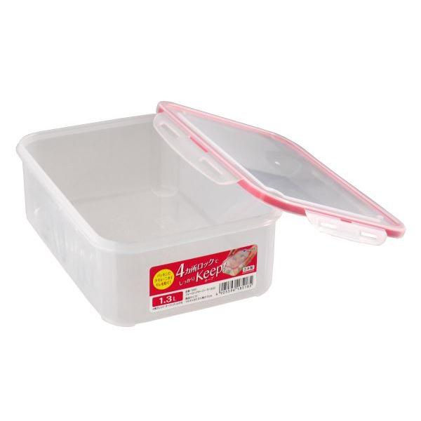 食品保存容器です。4か所ロックでしっかりキープできます。パッキン付きで汁もれ・ニオイもれを防ぎます。※直火・電子レンジ・オーブン・グリル・食器洗浄機・乾燥機 非対応●外寸(約)・14.4×20.3×高さ7cm(フタ含む)●容量(約)・1.3...