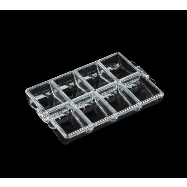 ○ビーズの収納に便利なケースです。サイズは、約１５．７×１０．５×高さ２．４ｃｍです。仕切りで８つに分けられております。フタをトレーとしてお使いいただけます。ビーズが少なくなっても、取り出す際、指ですくいやすい形状になっております。アクセサ...