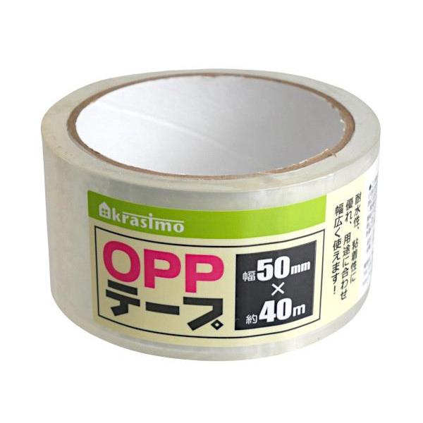 OPPテープです。段ボールの封かんに使えるOPPテープです。耐水性・粘着性に優れ幅広く使用できます。透明で工作等の作品でも目立ちません。●サイズ(約)・50mm×長さ40m●材質・ポリプロピレン アクリル系粘着剤●用途・粘着テープ セロテー...
