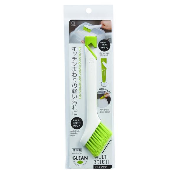 ○掃除ブラシです。隅まで届く山切りカットです。細部が洗える、収納できるミニブラシ付き。キッチンまわりの軽い汚れの掃除に便利です。●サイズ（約）・２３０×６５ｍｍ（ミニブラシ収納時）●色・ホワイト●耐熱９０度●材質・ポリプロピレン●用途・キッ...