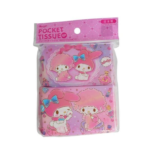 ポケットティッシュ、16枚(8組)×4個入りです。マイメロのプリント付きのポケットティッシュです。バッグやポケットに携帯しておくと便利です。●1枚のサイズ(約)・200×170mm●材質・パルプ●用途・ティッシュペーパー ポケットティッシュ...