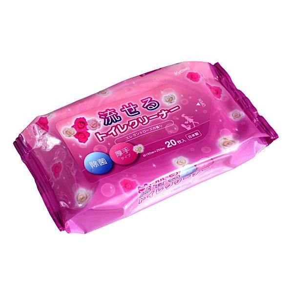 トイレ用のクリーナー、20枚入りです。使いやすい厚手タイプです。便器や床の汚れをサッと拭いて、そのままトイレに流せます。フタができるシール付きで、詰め替えずにそのままお使いいただけます。●1枚のサイズ(約)・160×250mm●香り・エレガ...