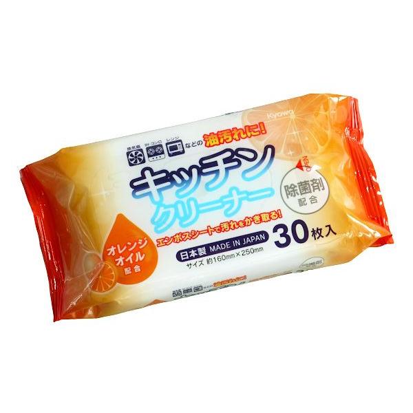 キッチンクリーナー、30枚入りです。オレンジオイル配合で、換気扇やレンジの油汚れを落とします。エンボスシートが汚れをかきとります。●1枚のサイズ(約)・160×250mm●材質・パルプ●素材(約)・●液性・●成分・水 エタノール ベンザルコ...