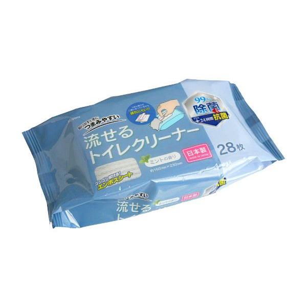トイレクリーナー、28枚入りです。使用後そのままトイレに流せる水解ペーパーです。ゴシゴシ拭けるエンボスシートです。つまむ部分が二重で破れにくいです。●1枚のサイズ(約)・160×230mm●香り・ミント●材質・パルプ●成分・水 エタノール ...