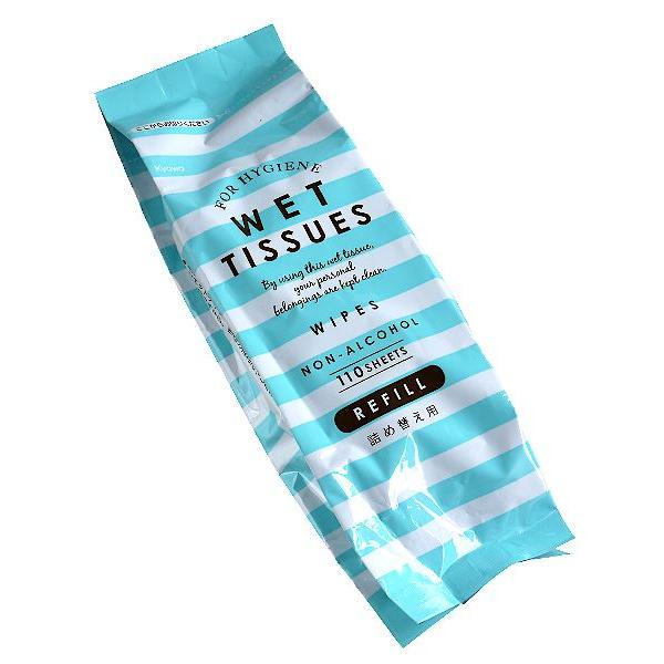 詰め替え用のウェットティッシュ、110枚入りです。別売りの「ウェットティッシュボトル ノンアルコール 無香料 90枚入」(JAN:4969757159057)等に詰め替えてお使いください。毛羽立たない素材で、身の回りを手軽に清拭できます。お...