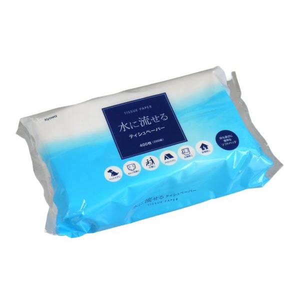 水に流せるティッシュペーパー、400枚(200枚)入りです。持ち運びやすいソフトパックタイプです。パルプ100%です。汚れを拭き取ってそのままトイレに流せます。●1枚のサイズ(約)・200×190mm●材質・パルプ●用途・ティッシュペーパー...